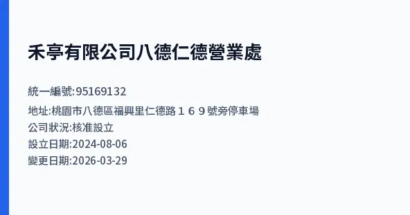 禾亭有限公司八德仁德營業處的照片-統編 95169132(桃園市) 公司登記資料與營業項目詳細圖表