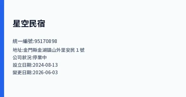星空民宿的照片-統編 95170898(金門縣) 公司登記資料與營業項目詳細圖表