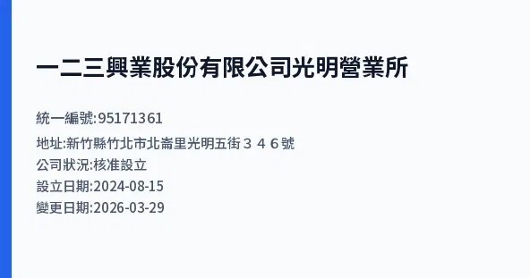 一二三興業股份有限公司光明營業所的照片-統編 95171361(新竹縣) 公司登記資料與營業項目詳細圖表