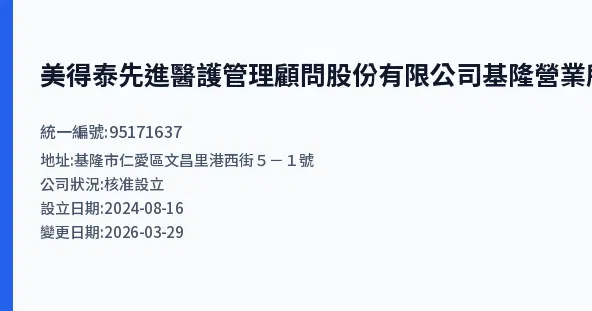 美得泰先進醫護管理顧問股份有限公司基隆營業所的照片-統編 95171637(基隆市) 公司登記資料與營業項目詳細圖表