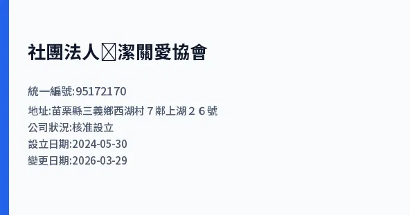 社團法人怺潔關愛協會的照片-統編 95172170(苗栗縣) 公司登記資料與營業項目詳細圖表