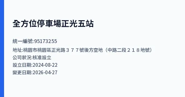 全方位停車場正光五站的照片-統編 95173255(桃園市) 公司登記資料與營業項目詳細圖表