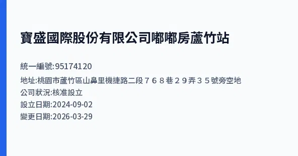 寶盛國際股份有限公司嘟嘟房蘆竹站的照片-統編 95174120(桃園市) 公司登記資料與營業項目詳細圖表