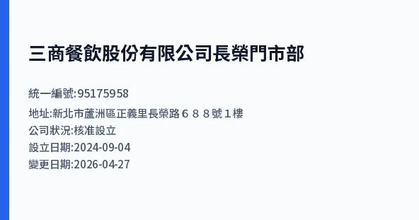 三商餐飲股份有限公司長榮門市部的照片-統編 95175958(新北市) 公司登記資料與營業項目詳細圖表