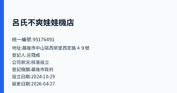 呂氏不爽娃娃機店的照片-統編 95176491(基隆市) 公司登記資料與營業項目詳細圖表