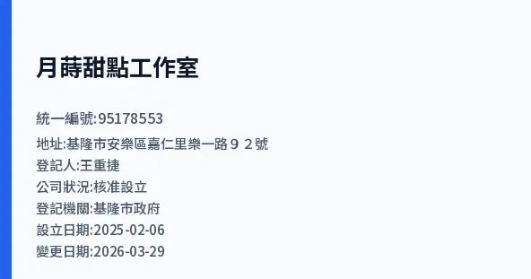 月蒔甜點工作室的照片-統編 95178553(基隆市) 公司登記資料與營業項目詳細圖表