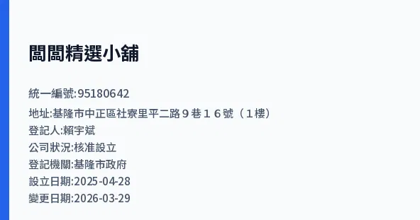闆闆精選小舖的照片-統編 95180642(基隆市) 公司登記資料與營業項目詳細圖表