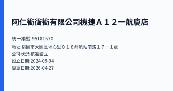 阿仁衝衝衝有限公司機捷A12一航廈店的照片-統編 95181570(桃園市) 公司登記資料與營業項目詳細圖表