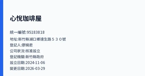 心悅珈琲屋的照片-統編 95183818(新竹縣) 公司登記資料與營業項目詳細圖表