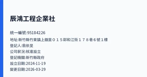 辰鴻工程企業社的照片-統編 95184226(新竹縣) 公司登記資料與營業項目詳細圖表