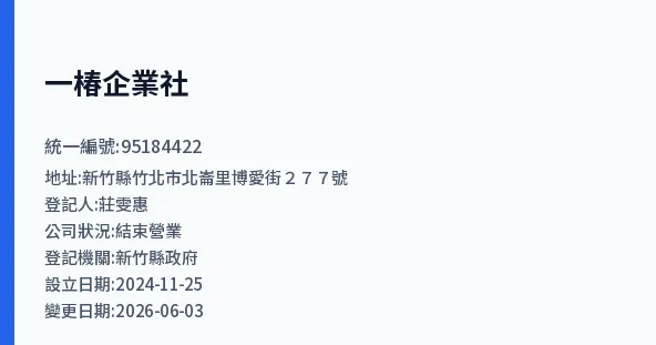 一椿企業社的照片-統編 95184422(新竹縣) 公司登記資料與營業項目詳細圖表
