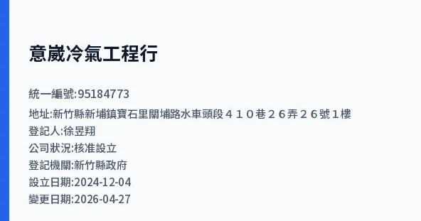 意崴冷氣工程行的照片-統編 95184773(新竹縣) 公司登記資料與營業項目詳細圖表