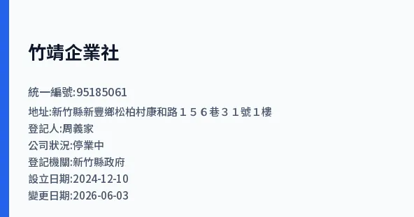 竹靖企業社的照片-統編 95185061(新竹縣) 公司登記資料與營業項目詳細圖表