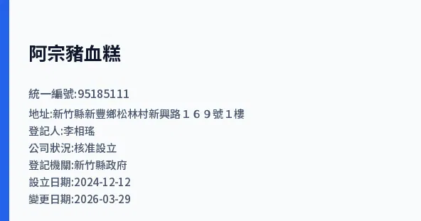 阿宗豬血糕的照片-統編 95185111(新竹縣) 公司登記資料與營業項目詳細圖表
