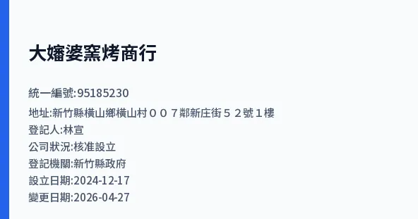 大嬸婆窯烤商行的照片-統編 95185230(新竹縣) 公司登記資料與營業項目詳細圖表