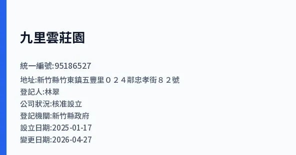 九里雲莊園的照片-統編 95186527(新竹縣) 公司登記資料與營業項目詳細圖表