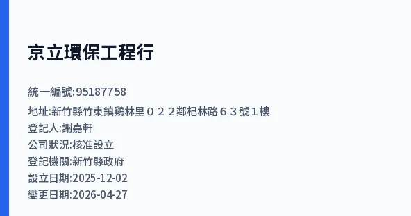 京立環保工程行的照片-統編 95187758(新竹縣) 公司登記資料與營業項目詳細圖表