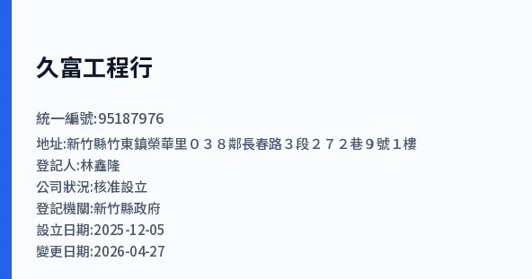 久富工程行的照片-統編 95187976(新竹縣) 公司登記資料與營業項目詳細圖表