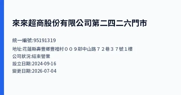 來來超商股份有限公司第二四二六門市的照片-統編 95191319(花蓮縣) 公司登記資料與營業項目詳細圖表
