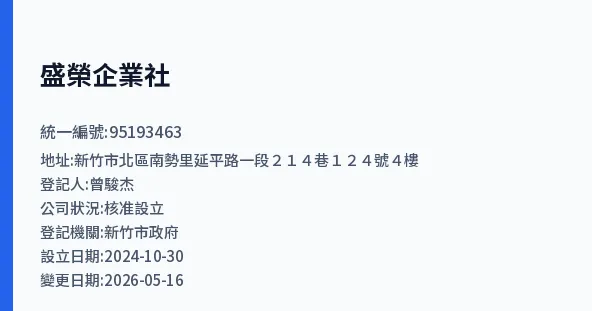 盛榮企業社的照片-統編 95193463(新竹市) 公司登記資料與營業項目詳細圖表