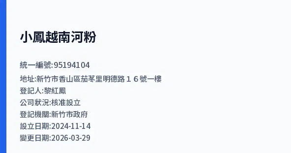 小鳳越南河粉的照片-統編 95194104(新竹市) 公司登記資料與營業項目詳細圖表