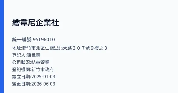 繪韋尼企業社的照片-統編 95196010(新竹市) 公司登記資料與營業項目詳細圖表