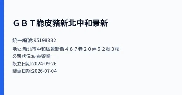 GBT脆皮豬新北中和景新的照片-統編 95198832(新北市) 公司登記資料與營業項目詳細圖表