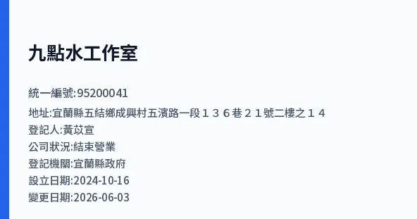 九點水工作室的照片-統編 95200041(宜蘭縣) 公司登記資料與營業項目詳細圖表