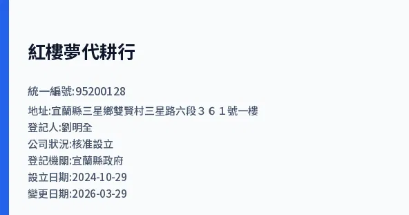 紅樓夢代耕行的照片-統編 95200128(宜蘭縣) 公司登記資料與營業項目詳細圖表