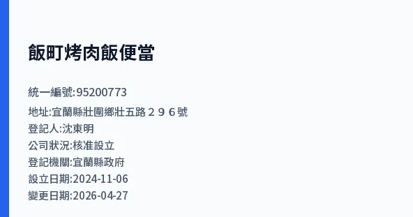 飯町烤肉飯便當的照片-統編 95200773(宜蘭縣) 公司登記資料與營業項目詳細圖表
