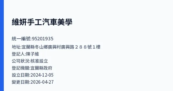 維妍手工汽車美學的照片-統編 95201935(宜蘭縣) 公司登記資料與營業項目詳細圖表