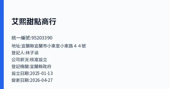 艾熙甜點商行的照片-統編 95203390(宜蘭縣) 公司登記資料與營業項目詳細圖表