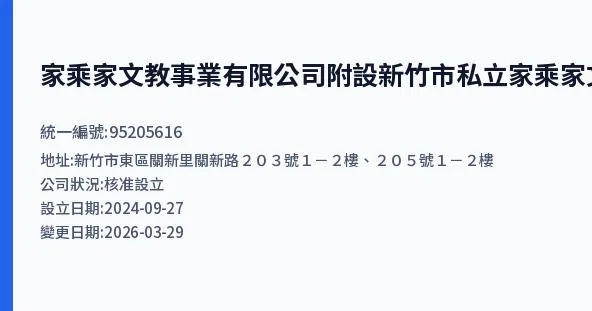 家乘家文教事業有限公司附設新竹市私立家乘家文理技藝短期補習班的照片-統編 95205616(新竹市) 公司登記資料與營業項目詳細圖表