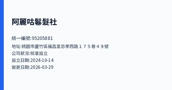 阿麗咕鬈髮社的照片-統編 95205881(桃園市) 公司登記資料與營業項目詳細圖表
