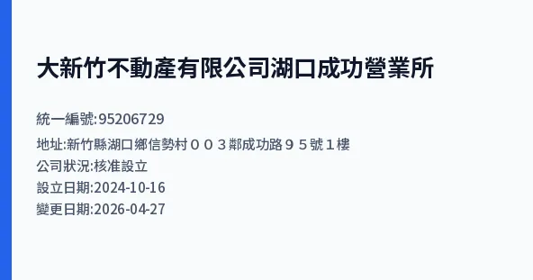 大新竹不動產有限公司湖口成功營業所的照片-統編 95206729(新竹縣) 公司登記資料與營業項目詳細圖表