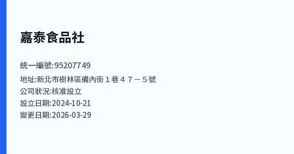 嘉泰食品社的照片-統編 95207749(新北市) 公司登記資料與營業項目詳細圖表