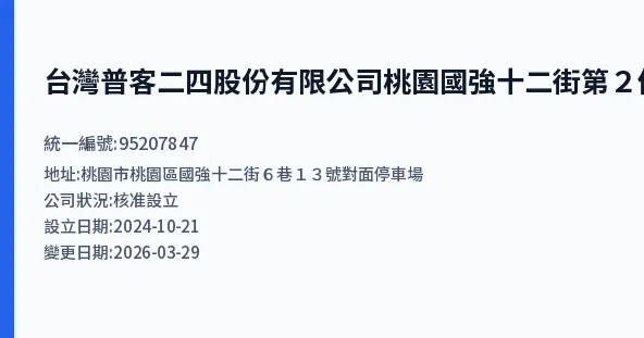 台灣普客二四股份有限公司桃園國強十二街第2停車場的照片-統編 95207847(桃園市) 公司登記資料與營業項目詳細圖表