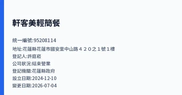 軒客美輕簡餐的照片-統編 95208114(花蓮縣) 公司登記資料與營業項目詳細圖表