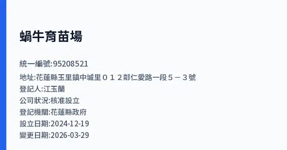 蝸牛育苗場的照片-統編 95208521(花蓮縣) 公司登記資料與營業項目詳細圖表