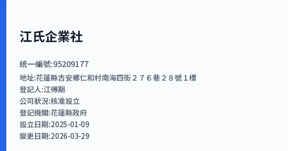 江氏企業社的照片-統編 95209177(花蓮縣) 公司登記資料與營業項目詳細圖表