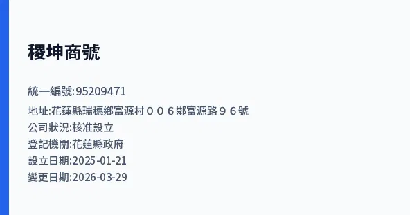 稷坤商號的照片-統編 95209471(花蓮縣) 公司登記資料與營業項目詳細圖表