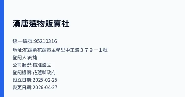 漢唐選物販賣社的照片-統編 95210316(花蓮縣) 公司登記資料與營業項目詳細圖表
