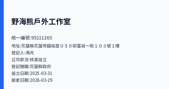 野海熊戶外工作室的照片-統編 95211265(花蓮縣) 公司登記資料與營業項目詳細圖表