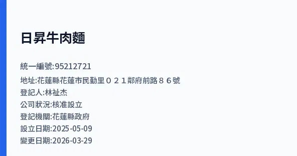日昇牛肉麵的照片-統編 95212721(花蓮縣) 公司登記資料與營業項目詳細圖表