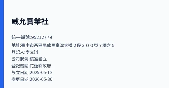威允實業社的照片-統編 95212779(花蓮縣) 公司登記資料與營業項目詳細圖表
