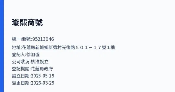 璇熙商號的照片-統編 95213046(花蓮縣) 公司登記資料與營業項目詳細圖表
