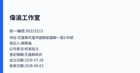 偉渝工作室的照片-統編 95215213(花蓮縣) 公司登記資料與營業項目詳細圖表