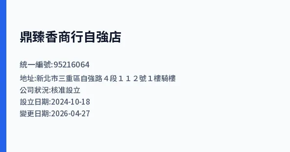鼎臻香商行自強店的照片-統編 95216064(新北市) 公司登記資料與營業項目詳細圖表