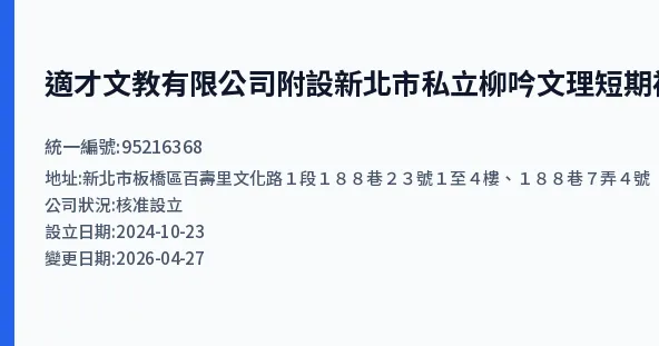 適才文教有限公司附設新北市私立柳吟文理短期補習班中山分班的照片-統編 95216368(新北市) 公司登記資料與營業項目詳細圖表