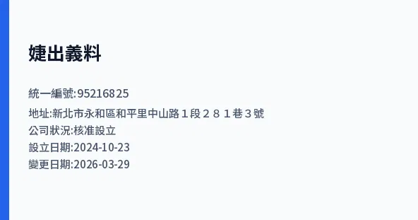婕出義料的照片-統編 95216825(新北市) 公司登記資料與營業項目詳細圖表